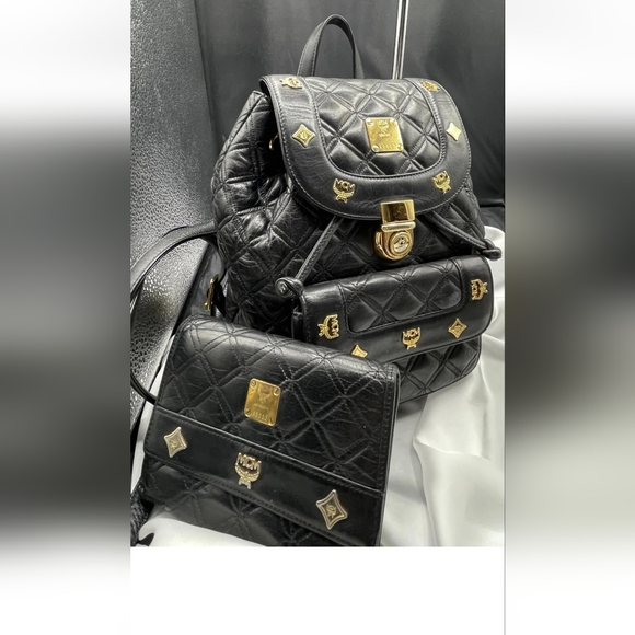 MCM | Accessories | Mcm Mini Backpack Black Leather With Gold Stud ...